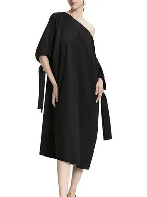 OTTOD'AME Poplin Midi Dress With Drawstring Sleeves - Black