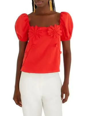 Farm Rio Floral Appliqué Linen Blend Short Sleeve Top - Red