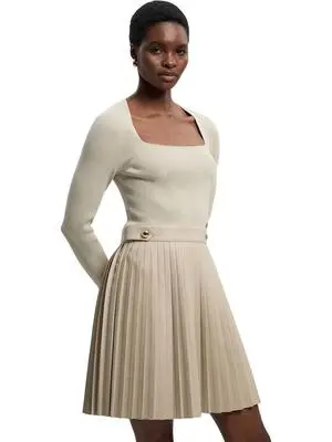 Karen Millen Ribbed Bodice And Pleated Pu Mini Dress - Stone