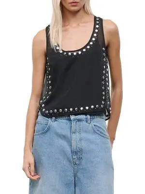 Staud Cara Sheer Studded Sleeveless Top - Black Studs