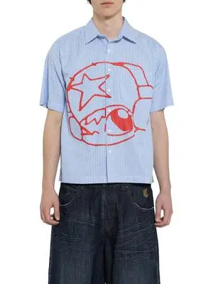 JADED LONDON Poster Stripe Short Sleeve Graphic Button-up Shirt - Blue