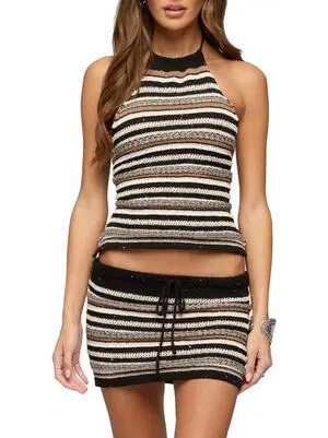EDIKTED Britta Metallic Knit Halter Top - Brown