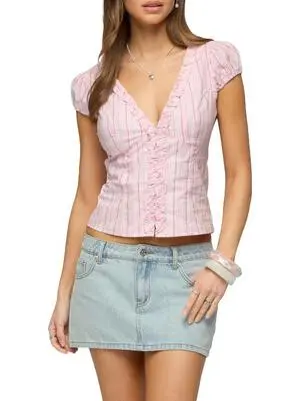 EDIKTED Georgia Ruffle Stripe Cotton Button-up Shirt - Pink