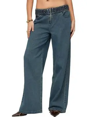 EDIKTED Braided Waistband Wide Leg Jeans - Blue-washed