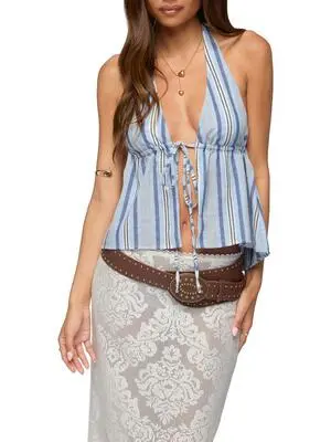 EDIKTED Galee Tie Front Halter Top - Blue
