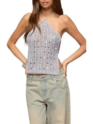 EDIKTED Thaly Sequin Crochet Halter Top - Silver