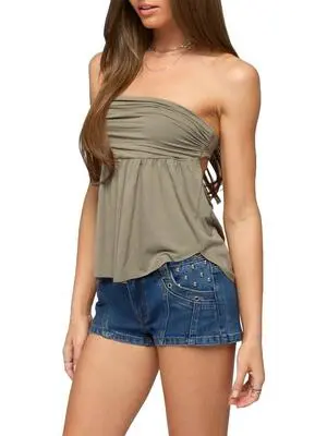 EDIKTED Bowey Draped Cutout Strapless Top - Olive