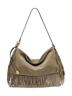 Donna Karan New York Velvet Suede Fringe Shoulder Bag - Truffle