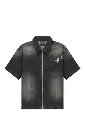 RtA Zeno Distressed Short Sleeve Denim Zip Shirt - Fray Noir