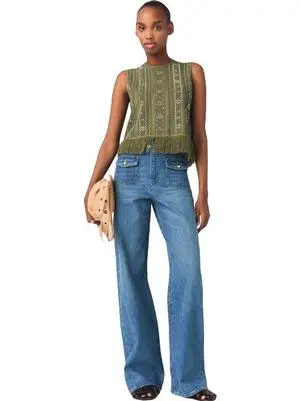 Maje Sleeveless Rhinestone Embellished Fringed Knit Top - Khaki