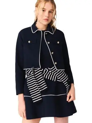 Maje Short Jacket With Contrast Trim And Gold-tone Buttons - Navy