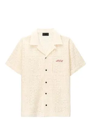 RtA Nathan Oversized Open Weave Button-up Camp Shirt - Sand Cursive