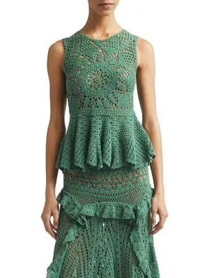 Ulla Johnson Sleeveless Crochet Peplum Top - Sea Glass