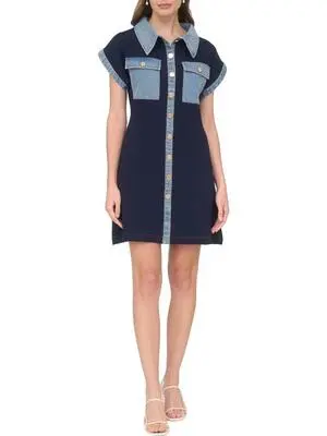 ZOE AND CLAIRE Knit Denim Trim Mini Dress - Navy