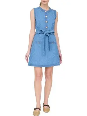 ZOE AND CLAIRE Sleeveless Jacquard Belted Mini Dress - Denim