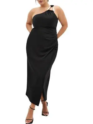 City Chic One-shoulder Maxi Dress With Gold Hardware - Black