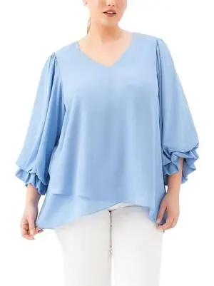 Karen Kane Layered Sleeve Asymmetric Top - Chambray