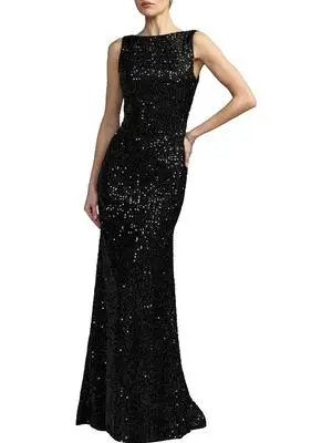 Mac Duggal Mac Duggal Sleeveless Sequin Cowl Back Evening Gown Black