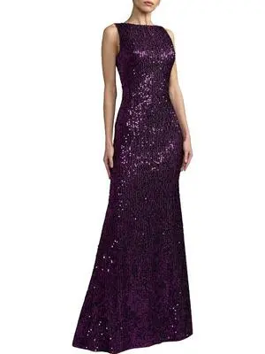 Mac Duggal Sequin Sleeveless Evening Gown With Draped Back - Plum