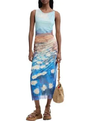 Desigual Sleeveless Abstract Floral Print Mesh Maxi Dress - Blue