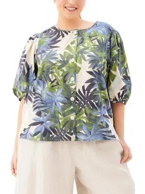 KAREN KANE Karen Kane Frond Print Puff Sleeve Button-Up Shirt