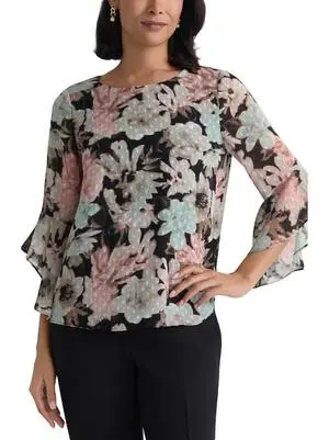 KASPER Blurred Floral Print Clip Dot Top - Black Multi