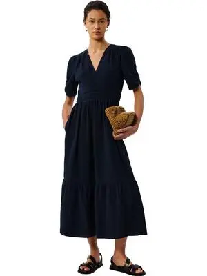 Whistles V-neck Puff Sleeve Midi Dress - Navy