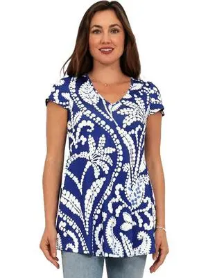 24SEVEN COMFORT APPAREL Paisley Print V-neck Short Sleeve Flared Tunic Top - Blue Multi