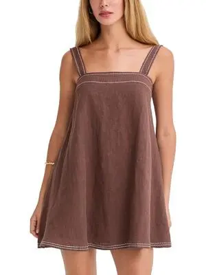 CRESCENT Contrast Stitch Square Neck Linen Mini Dress - Brown