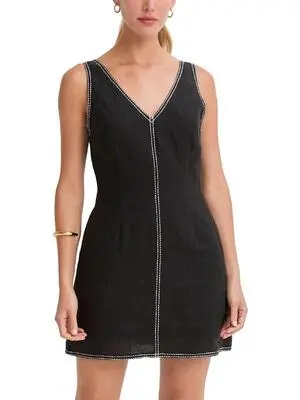 CRESCENT Contrast Stitch V-neck Linen Mini Dress - Black