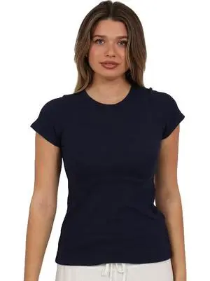 24SEVEN COMFORT APPAREL Ribbed Knit Round Neck Short Sleeve Top - Navy