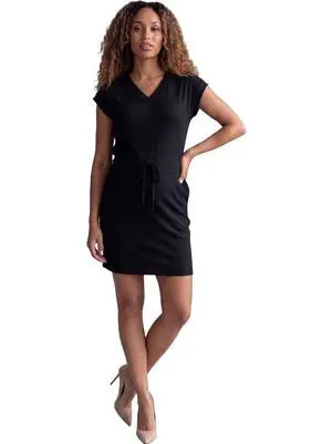 24SEVEN COMFORT APPAREL Maternity Essential Ribbed Knit V-neck Drawstring Waist Pocket Knee-length Dress - Black