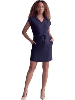 24SEVEN COMFORT APPAREL Maternity Essential Ribbed Knit V-neck Drawstring Waist Pocket Knee-length Dress - Navy