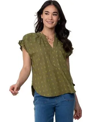 SINGLE STITCH Textured Jacquard Peasant Blouse With Ruffle Cap Sleeves - Olive