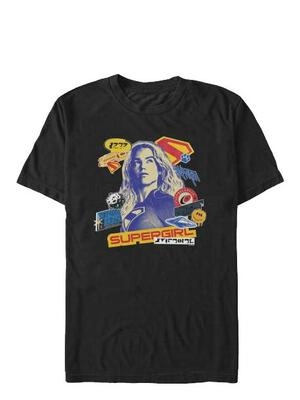 SUPERGIRL Pop Art Stickers And Badges Short Sleeve Graphic T-shirt - Black