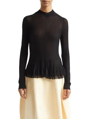 ASHLYN Mock Neck Sweater With Ruffle Hem - Black