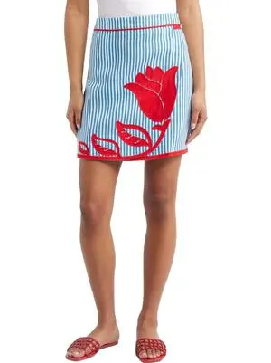 Farm Rio Sky Stripes Floral Appliqué Wrap Miniskirt - Blue