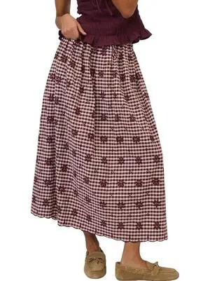 NOBODY'S CHILD Naples Cotton Blend Gingham Floral Midi Skirt - Red