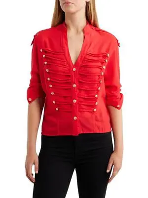 NIKKI LUND Jameson Button Embellished Semisheer Top - Red