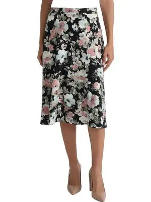 KASPER Floral Print Pull-on Midi Skirt - Black Multi