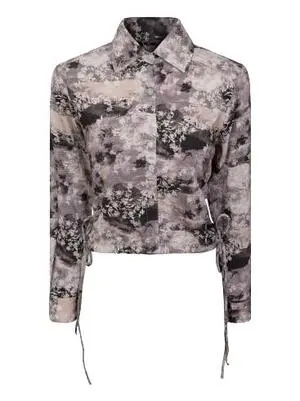 THE NORWAY CLUB Linen Button Front Drawstring Cropped Blouse - Grey