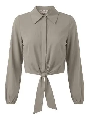 THE NORWAY CLUB Cropped Hidden Placket Hem Tie Blouse - Stone