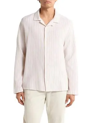 WAX LONDON Corey Twisted Stripe Long Sleeve Cotton Camp Shirt - Natural