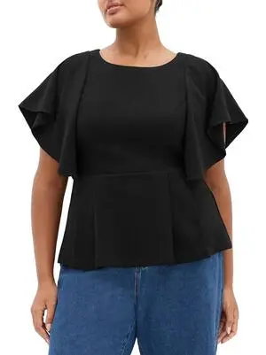 City Chic Flutter Sleeve Peplum Top - Black
