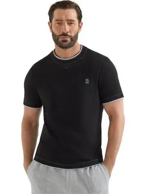 Brunello Cucinelli Cotton Jersey Crew Neck T-shirt With Logo And Faux-layering - Black