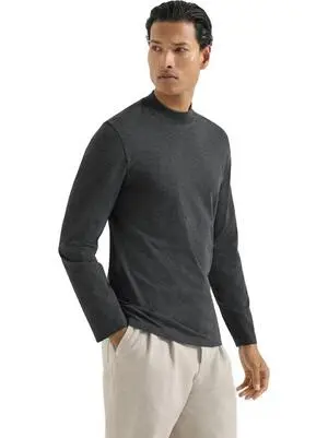 Brunello Cucinelli Cotton Jersey Long Sleeve Mock Neck T-shirt - Anthracite