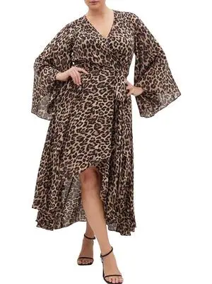 City Chic Eva Long Sleeve Wrap Maxi Dress - Leopard