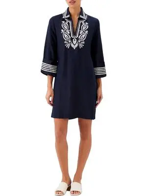 Karen Kane Embroidered Shift Dress With Spread Collar And Pockets - Navy