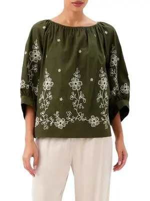 Karen Kane Embroidered Cotton Blouson Sleeve Top - Olive