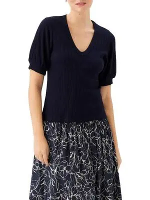 Karen Kane Puff Sleeve Ribbed V-neck Top - Navy